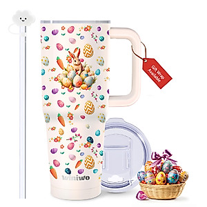winiwo 40 oz Easter Tumbler with Handle and Straw, Easter Gifts for Kids, Rabbits Lover, Bunny Insulated Tumbler for Hiding Candy Chocolate Eggs, Stainless Steel, Available Gift Wrapping (Pink)