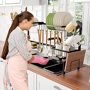 Fixwal Over The Sink Dish Drainer Drying Rack Large Dish Drying Rack 24.8"-35.5" Extendable Capacity Sink Rack with 4 Baskets, for Saving Space, Stainless Steel