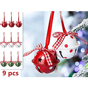 dongye 9 PCS Christmas Bells, Christmas Jingle Bell,Christmas Tree Bells Pendant,Christmas Holiday Party Supplies Craft Bells with Star Cutouts, Red & White & Green Home Garden Christmas Tree Decor
