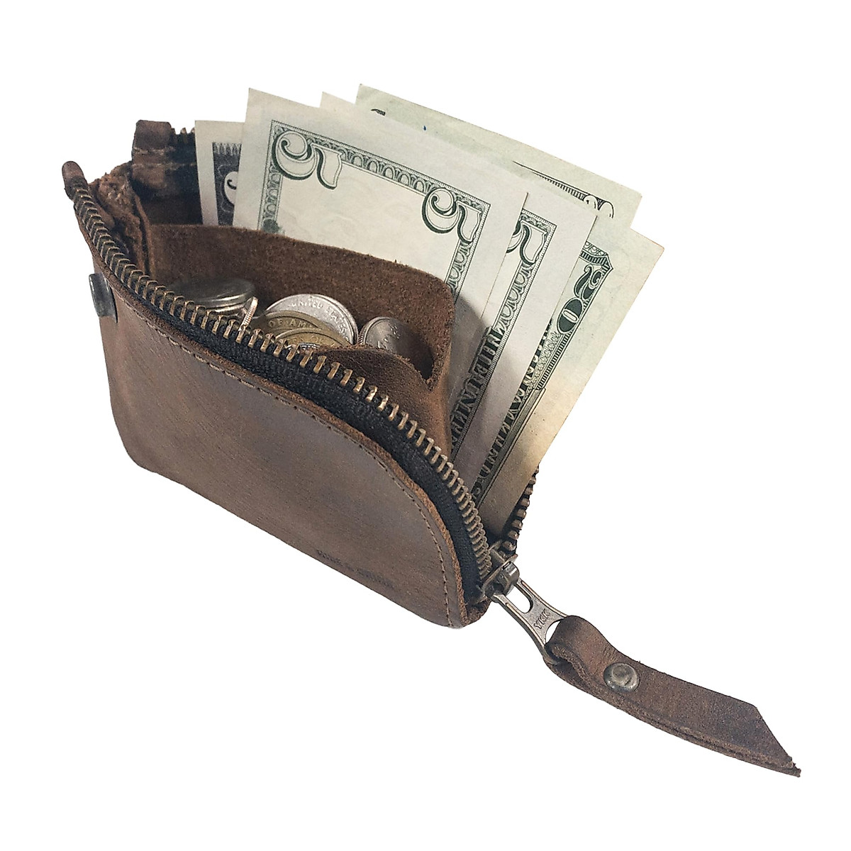 Hide & Drink, Zippered Wallet, Holds Up to 6 Cards Plus Folded Bills, Pouch Organizer, Cash Holder, Travel Essentials, Mini, Pocket-Size, Full Grain Leather, Handmade, Bourbon Brown