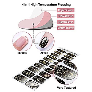 Semi Cured Gel Nail Strips, TOROKOM 20 Stickers Black Star Moon Gel Nail Polish Stickers Wraps Adhesive Gel Nail Stickers with Nail File Stick and Sealing Strip (UV/LED Lamp Required)