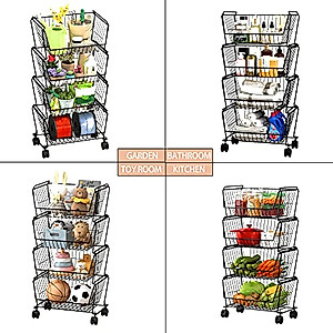 PUSDON 4-Tier Stackable Metal Storage Baskets, Anti-Rust Fruit Vegetable Rack, Dual Use Shelf for Kitchen, Home & Office, Black