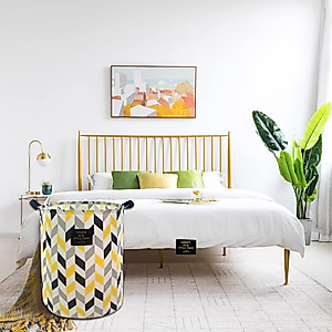 SineGux 19.7 Inches Large Laundry Basket Clothes Hamper Foldable Canvas Fabric Storage Basket Waterproof Collapsible Storage Bin with Handles for Bedroom Nursery Toys Organizer (Geometric Yellow)