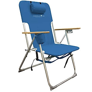 Caribbean Joe Folding Beach Chair, 4 Position Portable Backpack Foldable Camping Chair with Headrest, Cup Holder, and Wooden Armrests, Blue