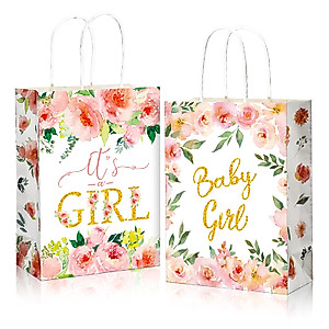 16 Pack Baby Shower Party Favor Bags Baby Shower Party Favors Baby Girl Treat Bags Floral Theme Pink Candy Goodie Bags Kraft Wrap Bags with Handles for Girls Baby Shower Party Decorations Supplies