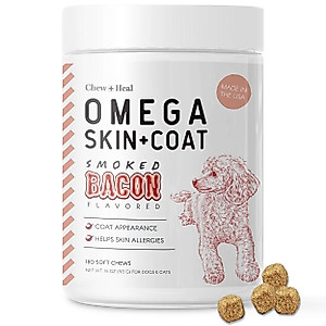 Omega for Dogs - 180 Delicious Soft Chews - Salmon Oil Treats for Skin and Coat, Itch Relief - Fish Oil Blend of Essential Fatty Acids, Omega 3, 6, and 9, and Vitamins - Smoked Bacon Flavor