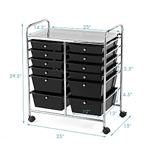 RELAX4LIFE Storage Cart W/12 Drawers Rolling Wheels Semi-Transparent Multipurpose Mobile Rolling Utility Cart for School, Office, Home, Beauty Salon Files Arrangement Storage Organizer Cart (Black)