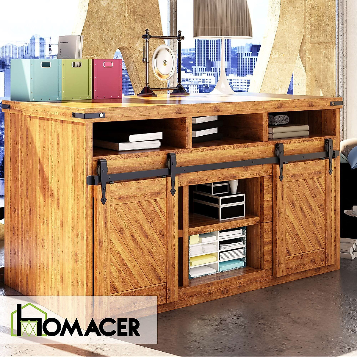 Homacer Mini Black Rustic Non-Bypass Sliding Barn Door Hardware Kit, for Two/Double Doors, 54-inch Long Flat Track, Arrow Design Roller, Cabinet TV Stand Console Use…