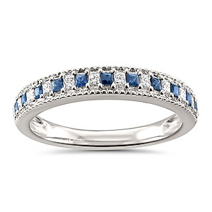 Beyond Brilliance 1/3 Carat Diamond, Pavé-Set 14K White Gold Princess Cut Diamond & Blue Sapphire Migraine Wedding Band Ring (H-I, SI2-I1) Natural Diamond Wedding Band For Women
