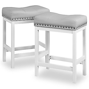 OUllUO Gray White Bar Stools Set of 2, Counter Height Bar Stools, Saddle Barstools, Pu Leather Stools with Metal Frame for Kitchen Island, 918P-NG