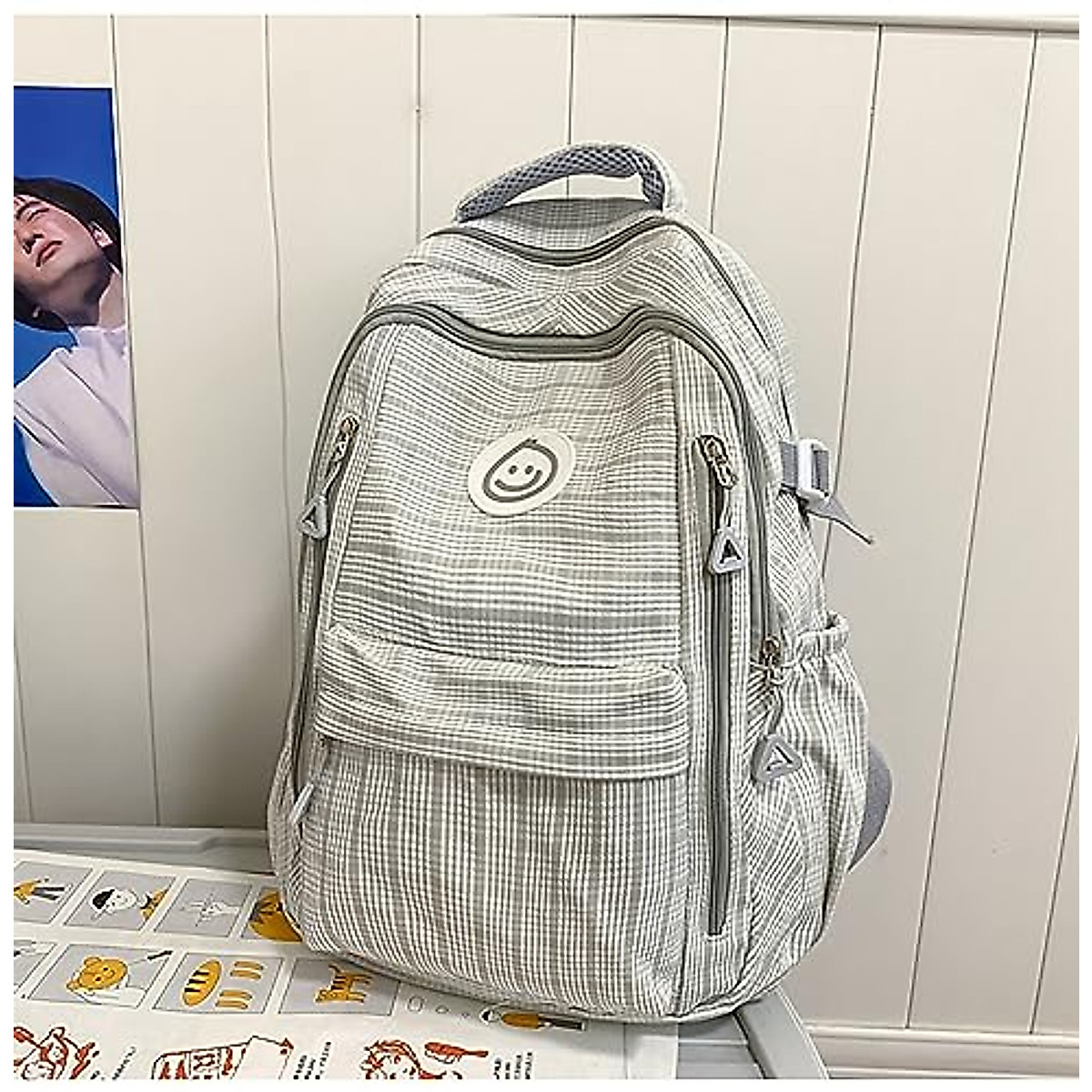 Qyrno Plaid Backpack Kawaii Backpack with Cute Accessories Cute Backpack Aesthetic Backpack DIY Backpack (5-Grey)