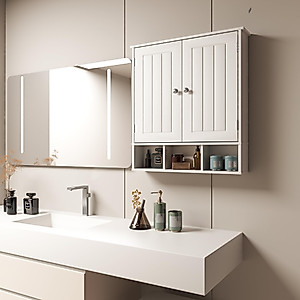 Bathroom Medicine Cabinet 2 Doors with 3 Open Shelves, Over The Toilet Storage Wall Mounted Medicine Cabinet with Adjustable Partitions，Home Bathroom Cabinet for Bathroom,Living Room,Kitchen,White