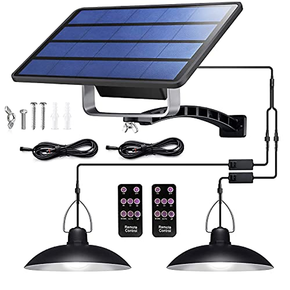 Solar Lights Outdoor with Dual Head Hanging Shed, IP65 Waterproof with 32 LED Lights and 2 Remote Control, Adjustable Solar Panel with 19.68FT Cord for Home Yard Garden Decorate