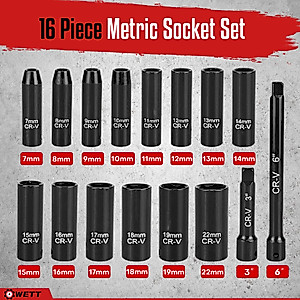 WETT 3/8-Inch Drive Deep Impact Socket Set, 16 Piece Metric Socket Set, 6 Point, Cr-V Steel, 7-22mm Sockets with 3", 6" Extension Bar