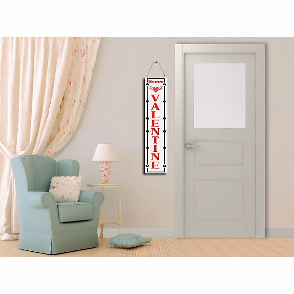 KPSheng Happy Valentine Day Sign for Front Door, 8x64 Inch Vertical Valentine's Day Wooden Welcome Sign for Front Porch, Modern Farmhouse Front Porch Decor