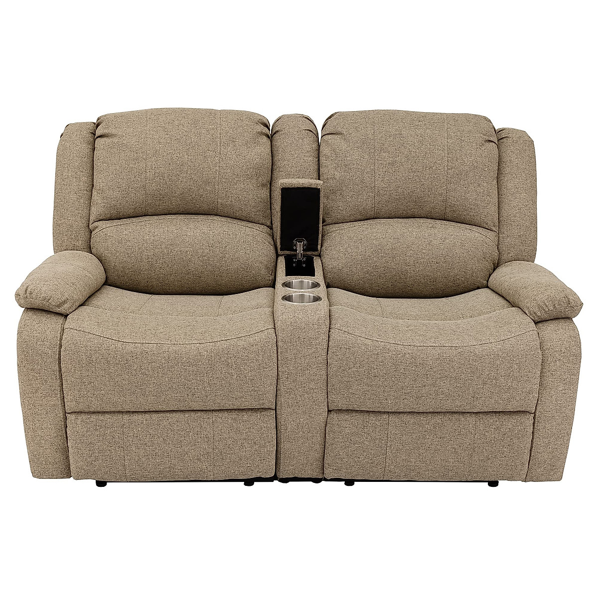 RecPro Charles 64" Double Recliner RV Sofa with Console and Cupholders | Zero Wall Loveseat for Camper | Wall Hugger Couch | Fifth Wheel Theater Seating | Replacement RV Furniture | Oatmeal Cloth