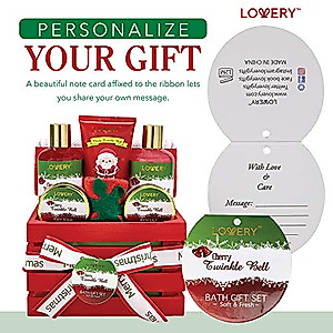 Bath and Body Christmas Gift Basket For Women and Men – Cherry Twinkle Bell Home Spa Set, Includes Fragrant Body Lotions, Bath Salts, Stocking Stuffer, Loofah Scrubber and More