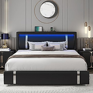 Keyluv Queen Bed Frame with RGB LED Lights Headboard & 2 Storage Drawers, Modern Upholstered Faux Leather Platform Bed with Iron Metal Decor, USB & USB-C Charging Ports, No Box Spring Needed, Black