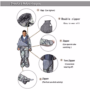 72" Large Wearable Human Sleeping Bag Zipped Foot Opening Design Free Size Ultralight Hoodie Quilted Warm Thermal Coat for Adults Winter or Outdoor 4 Season Camping