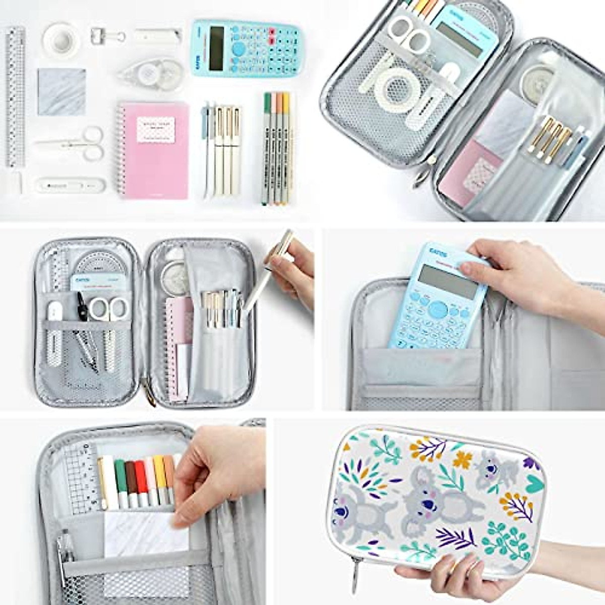ZZKKO Cute Koala Bears Floral Pencil Bag Case Zipper Pencil Holder Organizer Stationary Pen Bag Cosmetic Makeup Bag Pouch Purse for School Office Supplies
