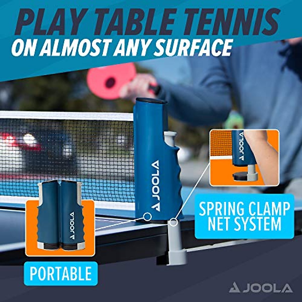 JOOLA Retractable Ping Pong Net With Clamps - Table Tennis Net Stretches 5.75' - Clamps on Table Up to 2” Thick - Optional Ping Pong Paddles and Balls
