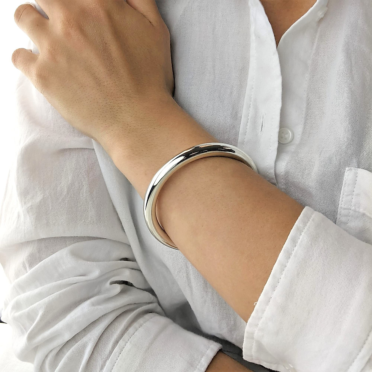 Silverly Women's Chunky Round Tube Bangle - Polished Statement Sterling Silver Bracelets - Stackable Thick Bangles for Women Solid 925 - Classic Jewellery for Her - Wife Mum Auntie Gifts