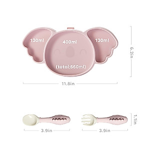bc babycare Silicone Toddler Plates, Suction Plates for Baby Include Spoon, Fork and Straw, Self Feeding Training Divided Plates Set, Microwave & Dishwasher Safe & BPA Free (Pink Cute Koala)