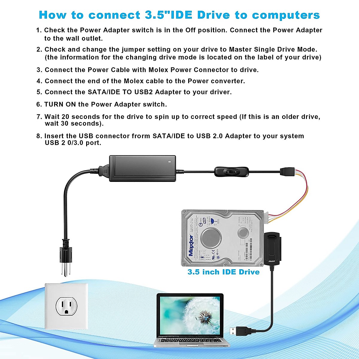 AGPTEK® SATA/PATA/IDE Drive to USB 2.0 Adapter Converter Cable for Hard Drive Disk HDD 2.5" 3.5", Compatible with USB 1.1/2.0/3.0, with External AC Power Adapter Included