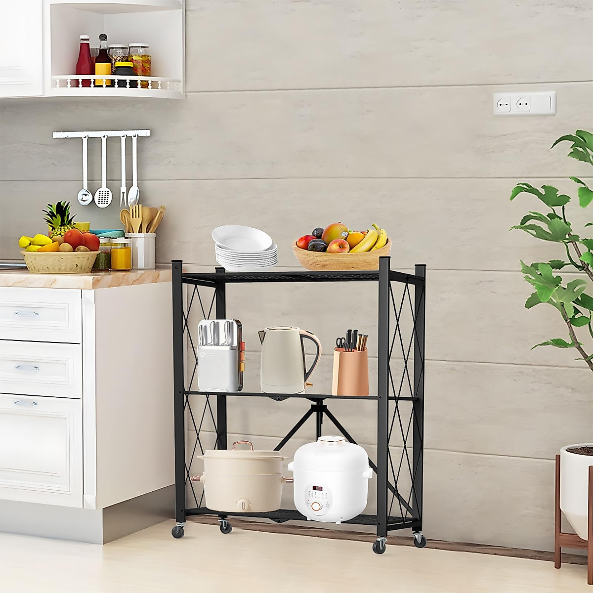 Yuanjimi 3 Tier Foldable Storage Shelf with Wheels, Heavy Duty Garage Shelving Unit Loads 550 LBS, Metal Steel Collapsible Shelves, Rolling Standing Utility Rack for Kitchen, Pantry, Office, Black