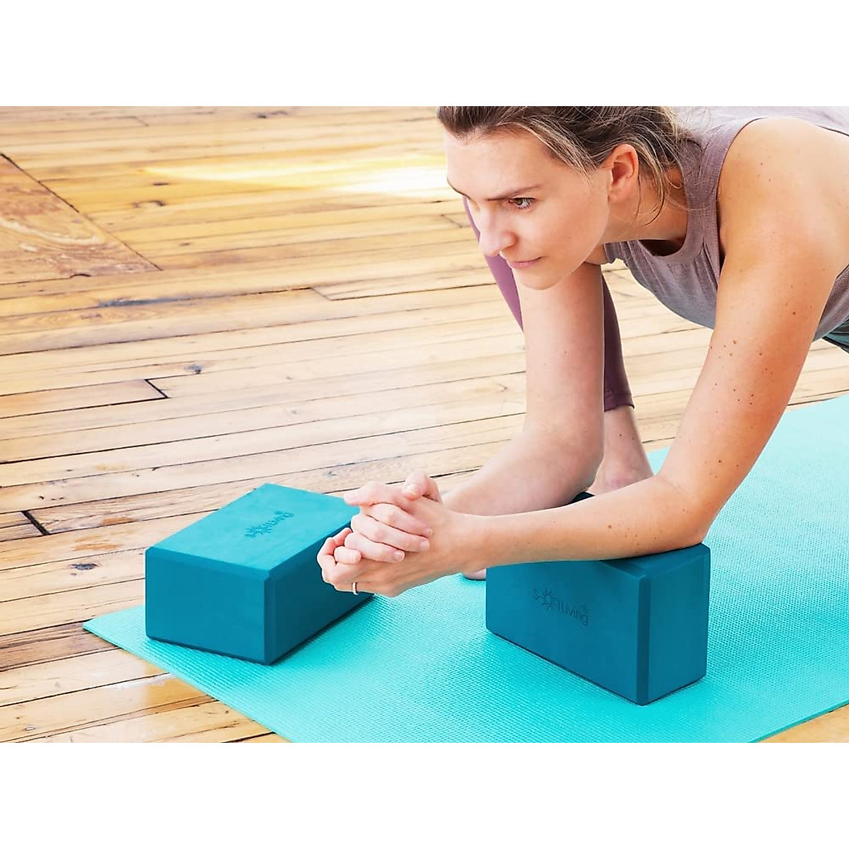 Sol Living Yoga Blocks 2 Pack High Density EVA Foam Yoga Cushion Stretching Pilates Meditation Exercise Equipment Support Deepen Poses Odor Free Non Slip Yoga Accessories - 4" x 6" x 9"- Teal