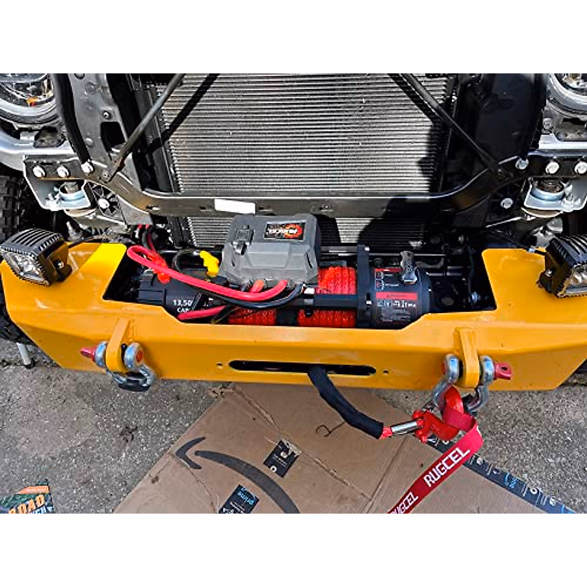 RUGCEL GRIPWAY 13500lb Waterproof Electric Black Synthetic Rope Winch with Hawse Fairlead, Wired Handle and 2 Wireless Remote