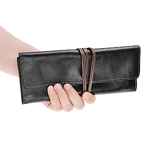 ZLYC Handmade Leather Pencil Case Soft Roll Bag Stationery Gift for Student, Black, One Size, Retro
