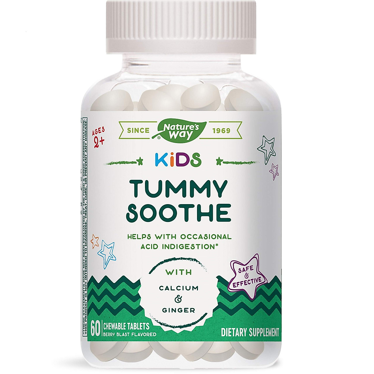 Nature's Way Kids Tummy Soothe with Calcium & Ginger, For Occasional Tummy/Stomach Upset*, Berry Blast Flavored, 60 Vegan Chewable Tablets