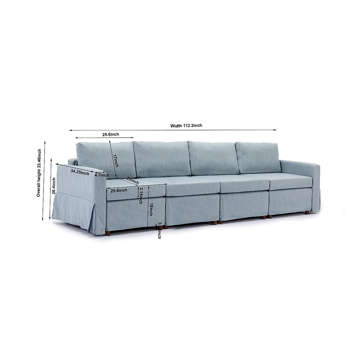 LIADTOP 4 Seater Module 1 Ottoman,Mid Century Modern Sectional Sofa Couch,for Living Room Bedroom Studio,Light Blue