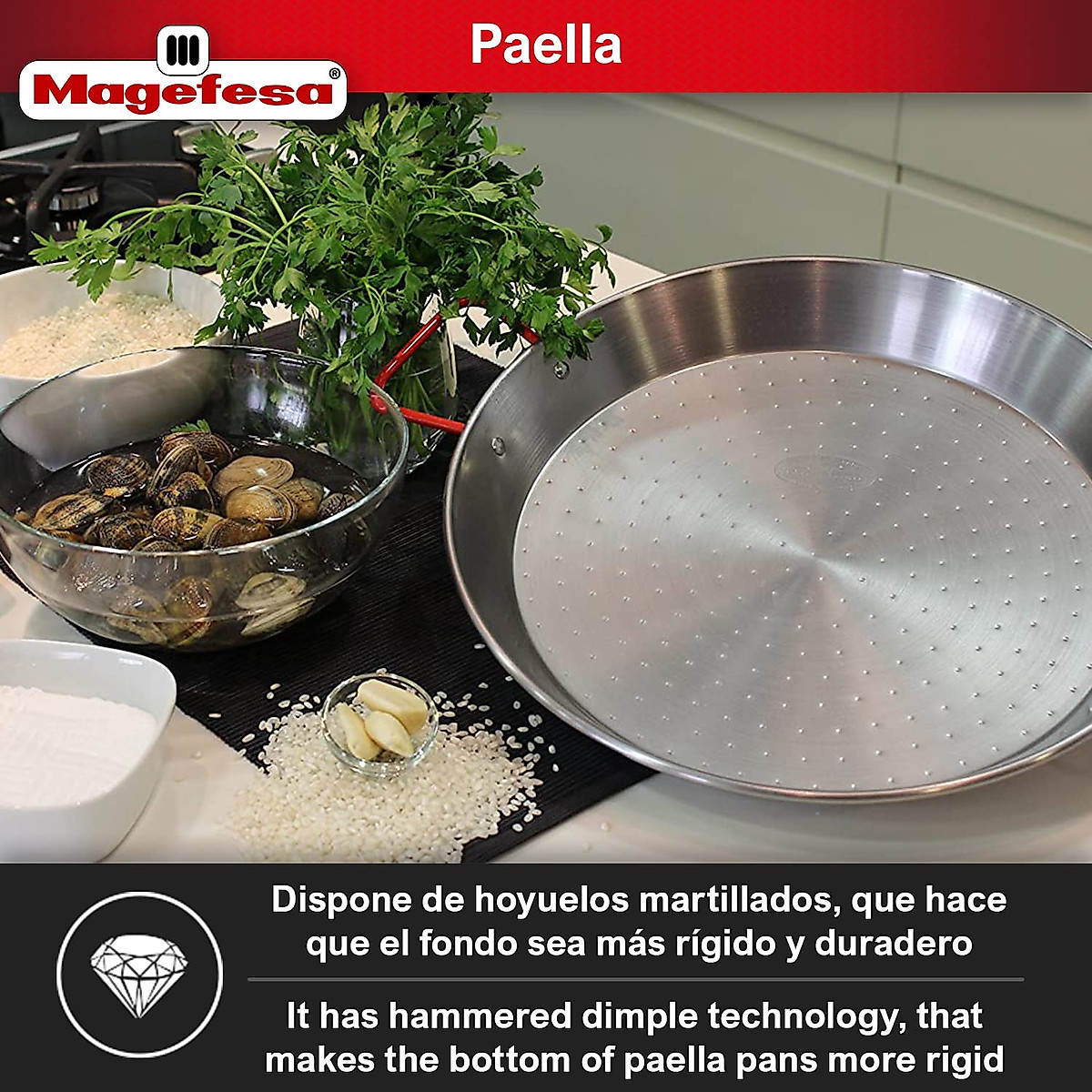 MAGEFESA® Carbon - paella pan 24 in - 60 cm and 19 Servingss, made in Carbon Steel, with dimples for greater resistance and lightness, ideal for cooking outdoors, cook your own Valencian paella