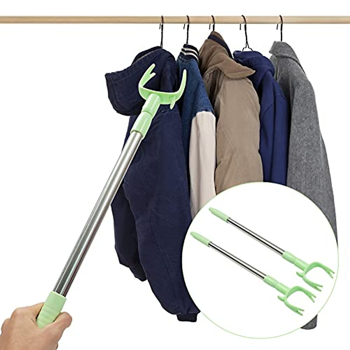 Veemoon 2pcs Closet Pole with Hook Telescoping Long Reach Stick Stainless Steel Clothing Hanger Garment Pole for Closet Shelf Ceiling