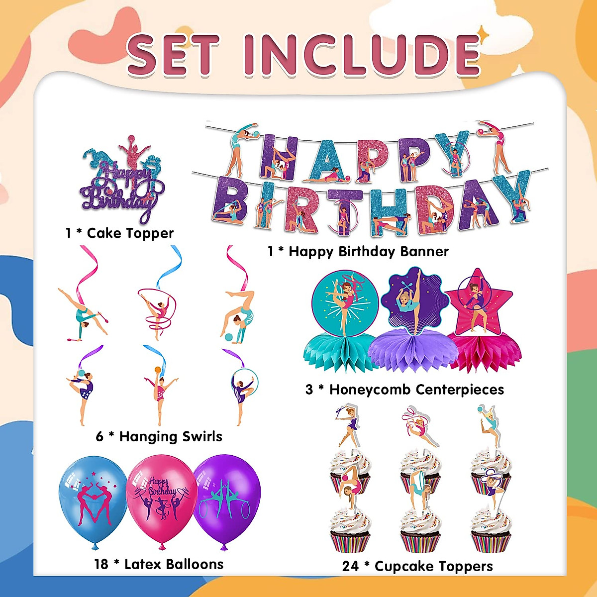Gymnastics Birthday Party Decorations,61 Pieces Gymnastics Party Supplies for Girls,Include Gymnastics Birthday Banner,Latex Balloons,Honeycomb Centerpiece Table Decorations