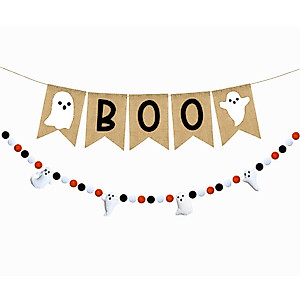PTFNY Halloween Banner Burlap Boo Banner Ghost Felt Ball Banner Happy Halloween Banner Halloween Decor for Party Halloween Birthday Decorations