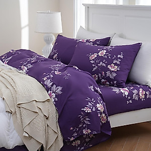 MEISHANG Queen Sheet Set - Floral Sheets Deep Pocket Ultra Soft Brushed Microfiber with Up to 16" Mattresses - Wrinkle Free - 4 Pieces(Queen,Purple Floral)