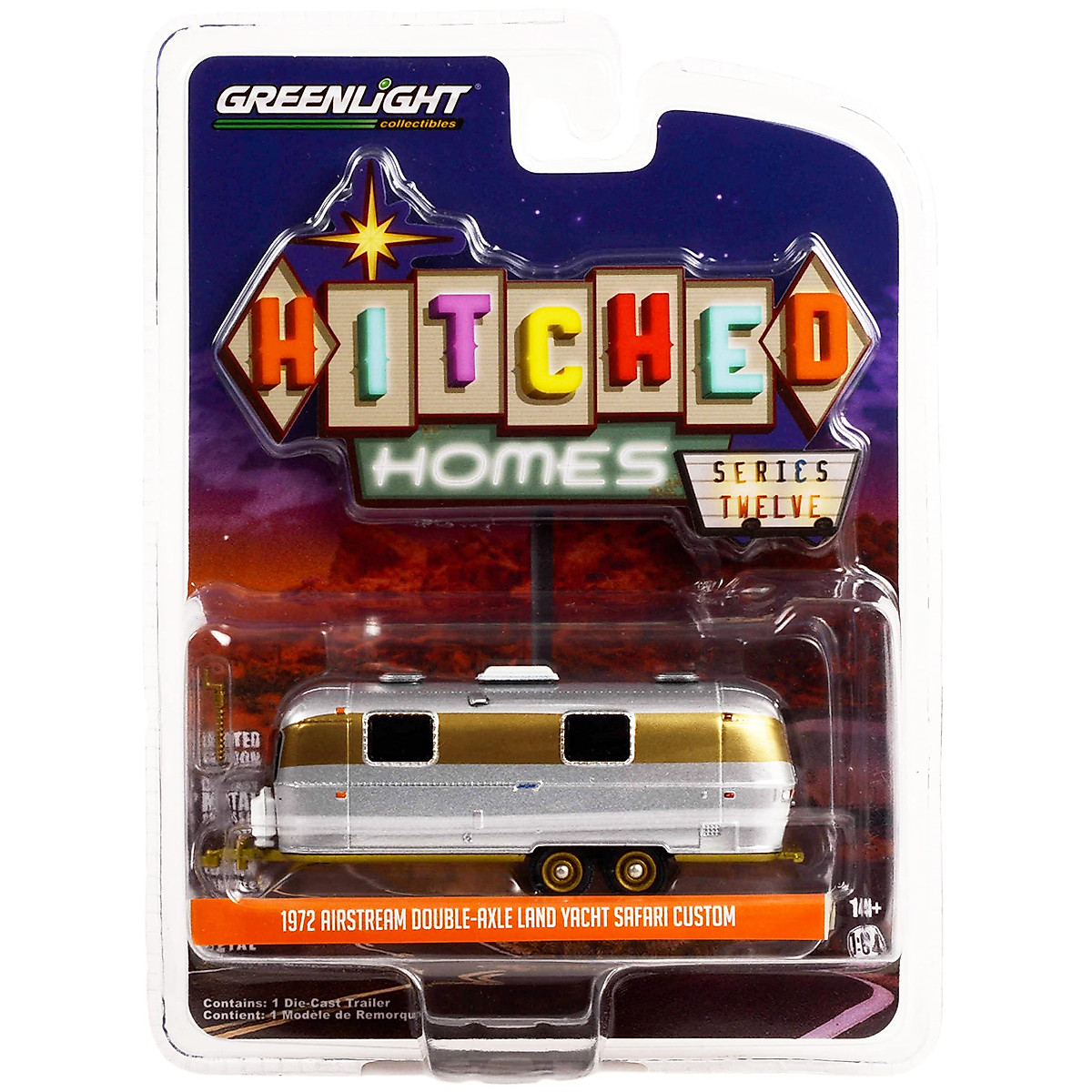 Toy Cars 1972 Airstream Double-Axle Land Yacht Safari Custom Travel Trailer Chrome and Gold Hitched Homes Series 12 1/64 Diecast Model by Greenlight 34120 C