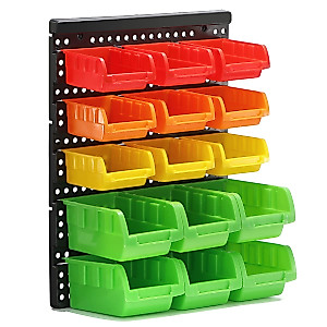 MULSAME Garage Storage Bins With Pegboard, Wall Mounted Parts Rack with 15PCS Bins Organizer, Stackable Garage Plastic Shop Tool, Garage Organizers for Nuts, Screws, Nails, Beads, Bolts Storage