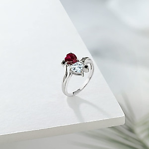 Gem Stone King 925 Sterling Silver Red Created Ruby Sky Blue Aquamarine and Black Diamond Ring For Women (1.73 Cttw, Heart Shape 6MM, Gemstone July Birthstone, Available In Size 5, 6, 7, 8, 9)