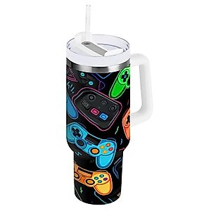 Jihqo Colorful Video Game Controllers 40 oz Stainless Steel Vacuum Insulated Tumbler with Handle and Straw Lid, Leakproof Water Bottle Double Wall Travel Mug Coffee Cup, Cupholder Friendly