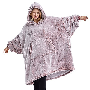 Cozy Sherpa Wearable Snuggle Blanket Hoodie with Sleeves for Adults Women Men Kids Gift Idea,Oversized Blanket Sweatshirt，Super Warm Light Weight,Dusty Rose,Oversize