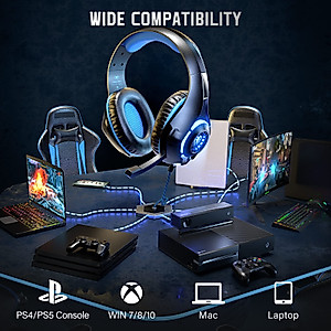 7.1 Gaming Headset for PC, Computer Gaming Headphones with Noise Cancelling Mic/Microphone, PC Gaming Headset with LED Lights for PC, PS4/PS5 Console, Laptop