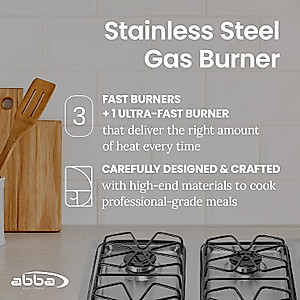 ABBA 24" Gas Cooktop with 4 Burners - Stainless-Steel Table Top with SABAF Aluminum Burners And Porcelain Surface, Home Improvement Essentials, Anti Spill & Easy to Clean, 24" x 3.5" x 19"