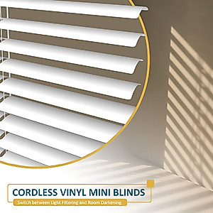 KCO Mini Blinds for Windows Cordless Horizontal Window Blinds and Shades, Vinyl Venetian Blinds Anti-UV Waterproof Light Adjustment Mini Blinds, 18" W x 64" L, White