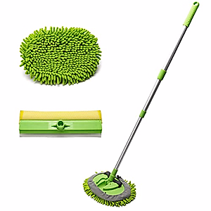 CARCAREZ 3 in 1 Microfiber Car Wash Brush Mop with 45" Aluminum Alloy Long Handle, Silicone Window Squeegee and Scrubber Sponge
