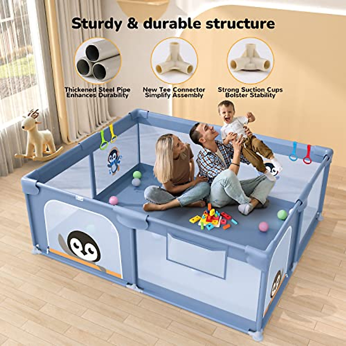 Baby Playpen for Babies and Toddlers, 71 x 59 inch Extra Large Baby Fence with Unique Little Penguin Character Design, Li'l Pengyu Soft Breathable Mesh Baby Playard for Indoor & Outdoor (Blue)