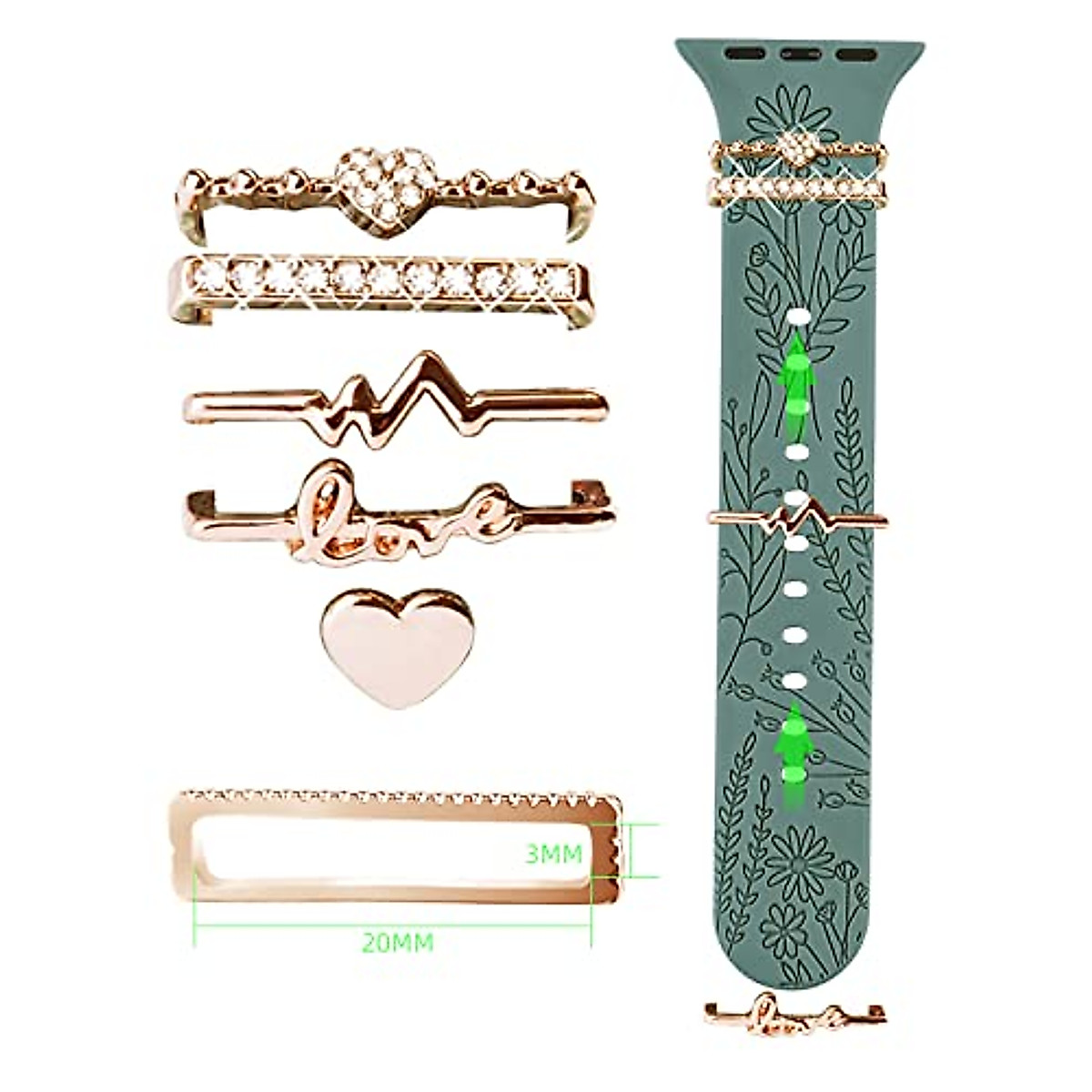 Watch Band Charms (Band Included), Compatible with Apple Watch Band 38mm 40mm 41mm, ORATYFAN Floral Engraved Silicone Bands & Metal Decorative Ring Loops Accessories for iWatch Series se 8 7 6 5 4 3 2 1